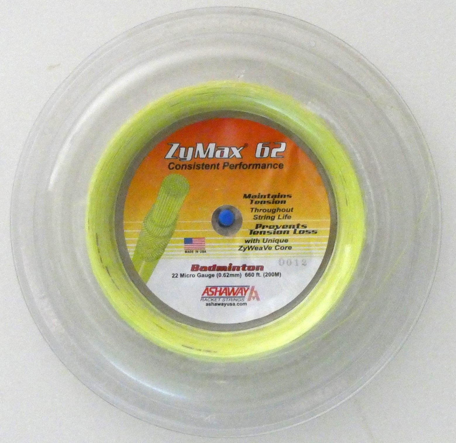 Ashaway ZyMax 62 Badminton String, Neon Yellow, 200 M REEL – SquashGear.com